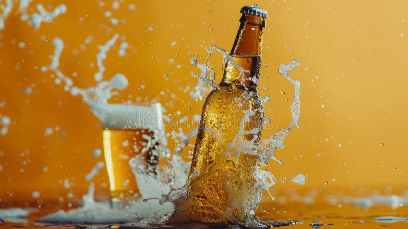 Beer Bottle and Foamy Splash with Beer Head on a Vibrant Orange ...