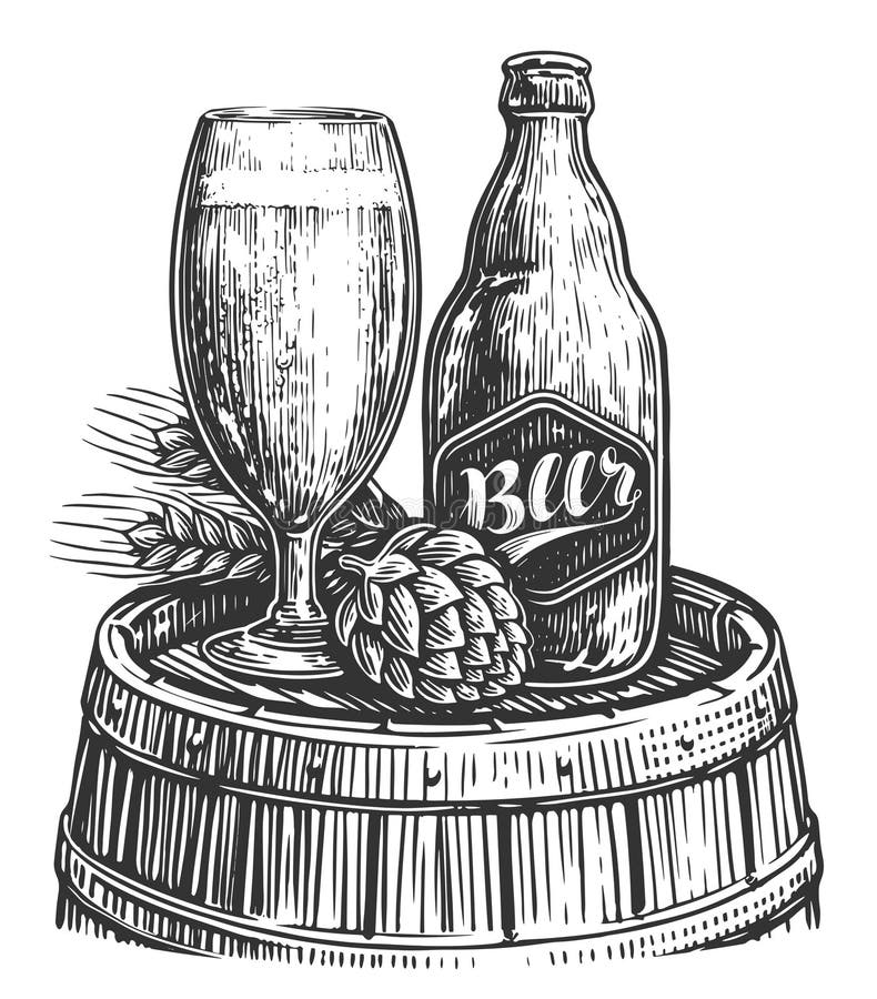 Beer Bottle with a Glass Full of Beer. Pub Concept. Sketch Illustration ...