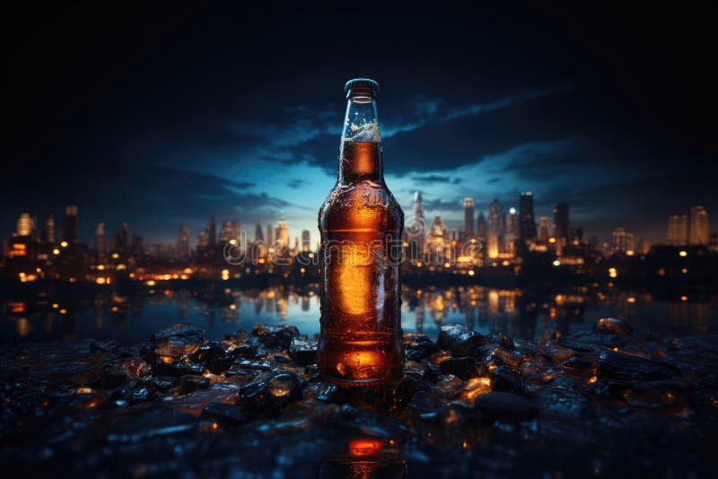A Beer Bottle Held Against a Backdrop of a City Skyline at Night ...