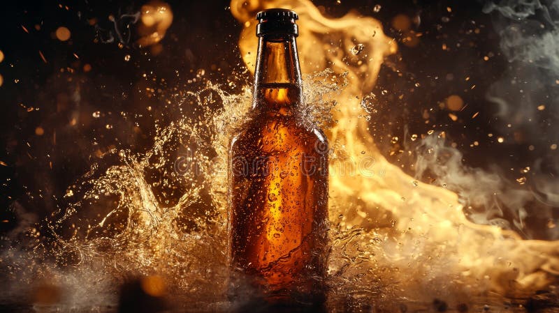 Beer Bottle with Splash and Fire in Dark Moody Background Stock Photo ...