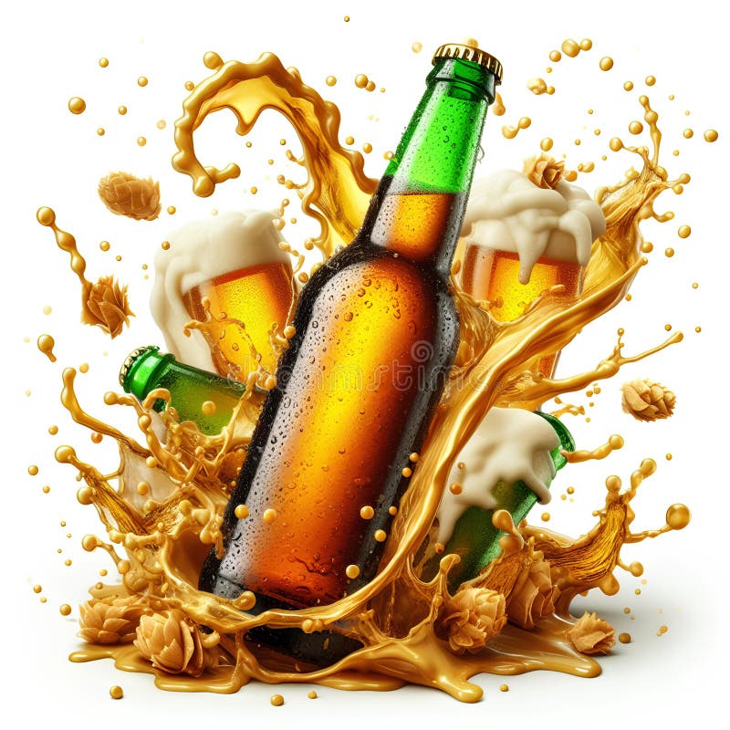 Beer Bottle with Beer Splash Isolated on White Background Stock ...