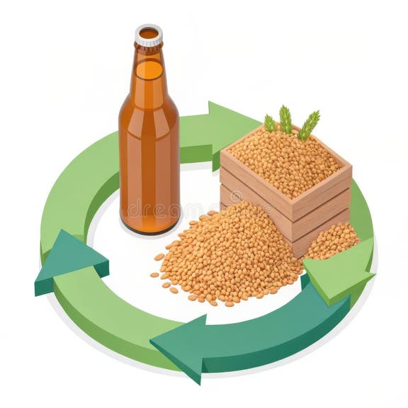 A Beer Bottle Surrounded by Spent Grain and a Reuse Cycle Chart ...
