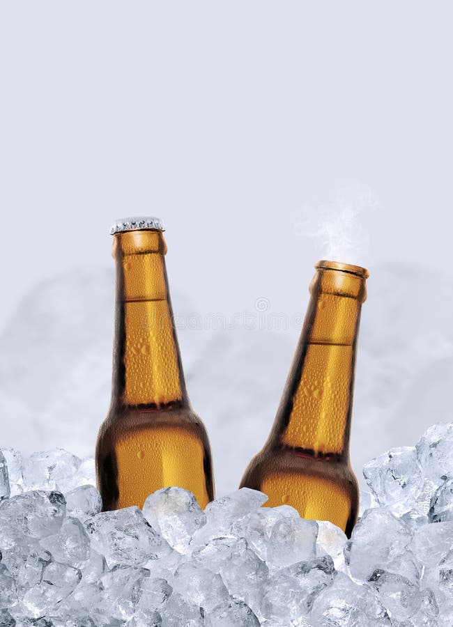 Beer Bottle with Water Drops of Cold Beverage on Ice Background ...