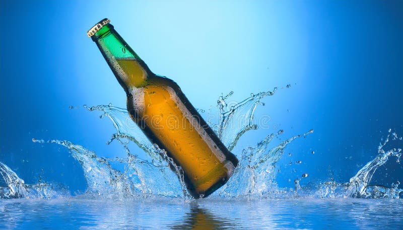 Beer Bottle with Water Splash on Blue Stock Illustration - Illustration ...