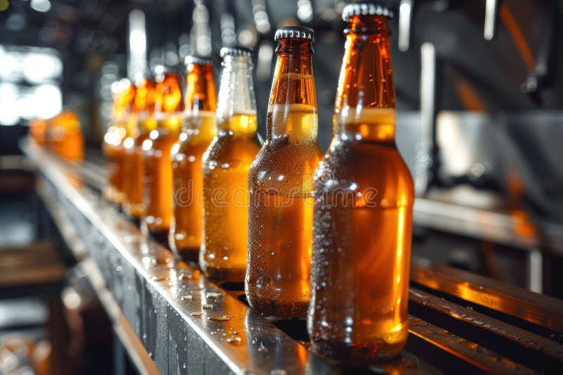 Beer Bottles on an Assembly Line with Golden Hues Stock Image - Image ...