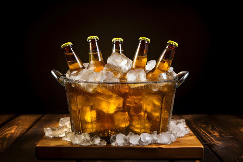 Beer bottles in ice crate stock photo. Image of cube - 307338364