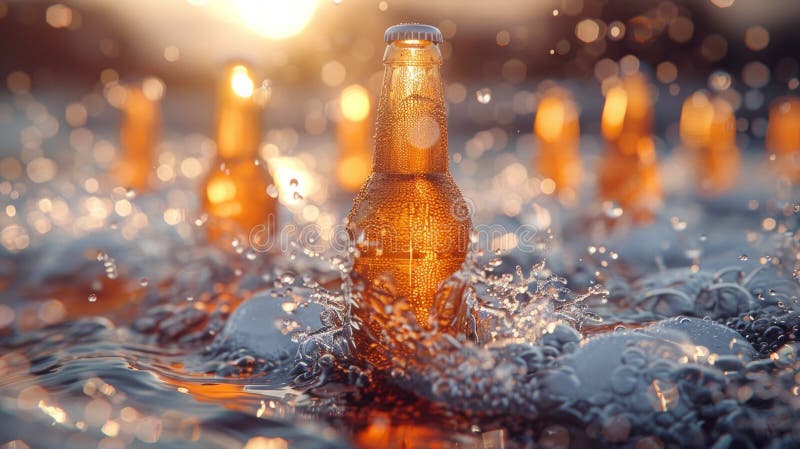 Beer Bottles in Ice with Splashing Froth Over Stock Photo - Image of ...