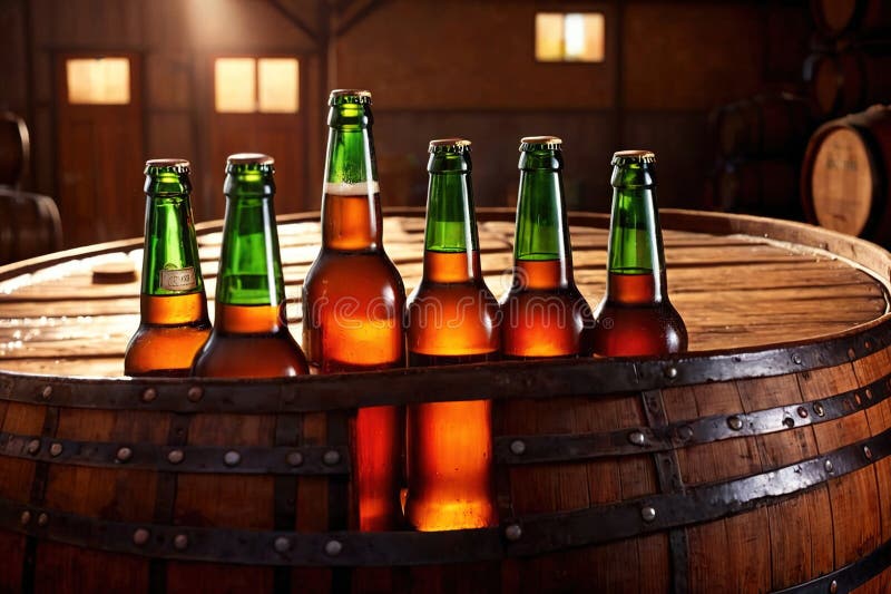 Beer Bottles on Top of Beer Barrel in Brewery Warehouse Stock ...