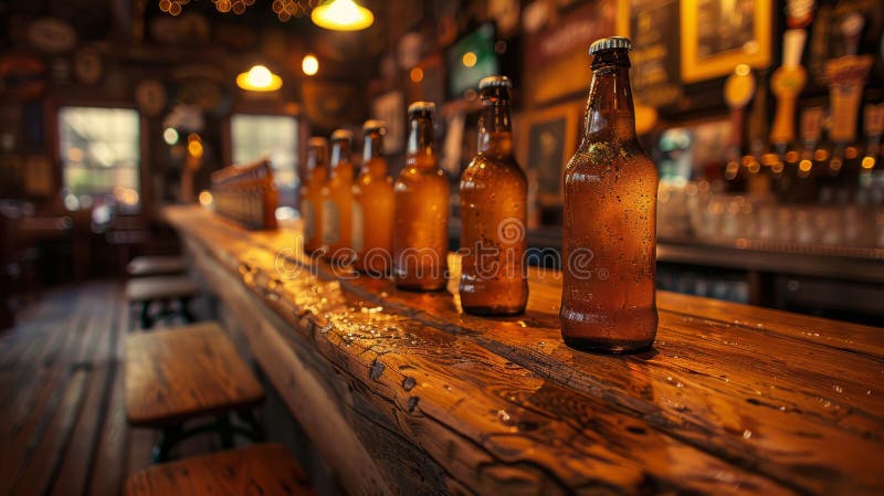 Beer Bottles on a Wooden Bar Counter. Stock Photo - Image of beverage ...