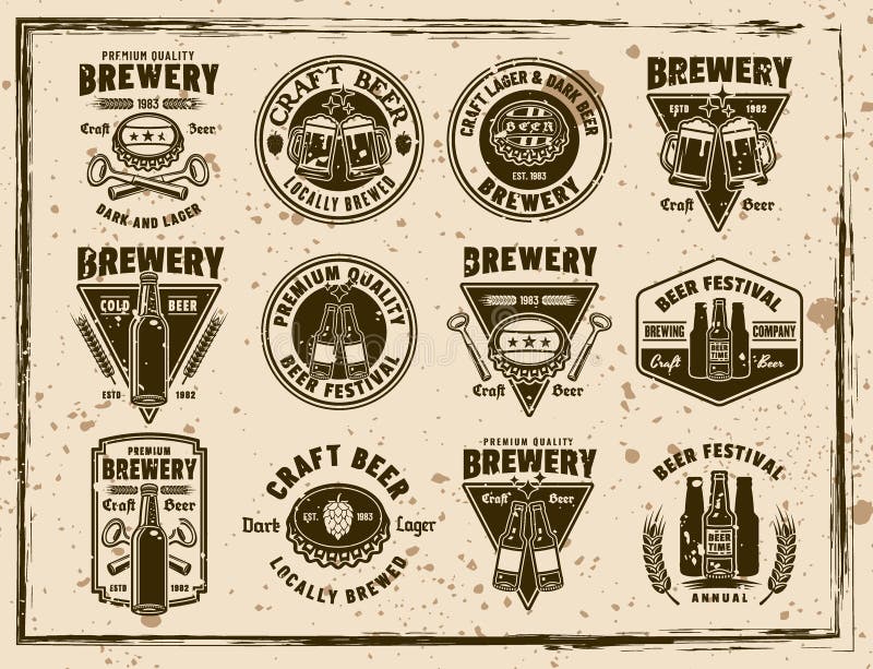 Beer and Brewery Set of Vector Emblems, Labels, Badges in Vintage ...