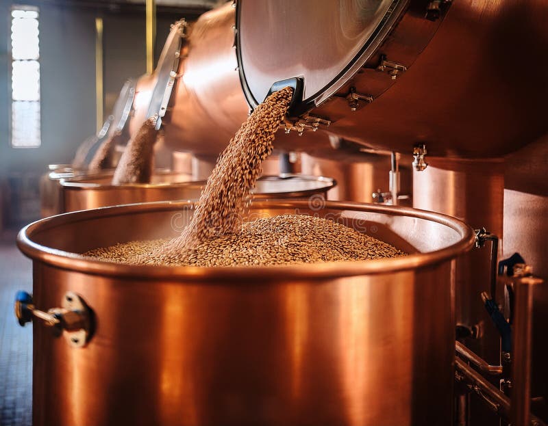 A Beer Brewing Process Captured with Grains Being Poured into Large ...
