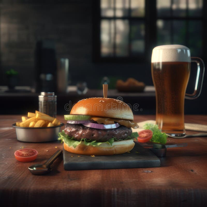 Beer and Burger on a Table in a Pub. AI Generative Stock Illustration ...
