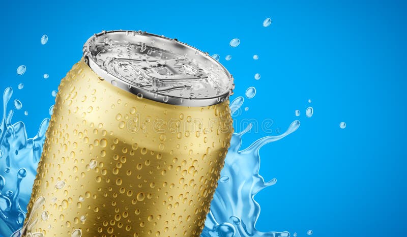 Beer Can with Drops and Aqua Splash on Blue Background Stock ...