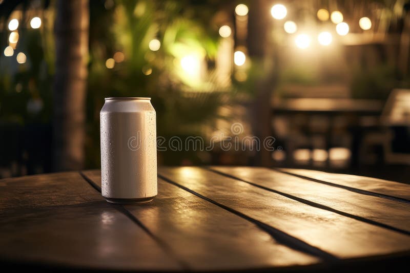 Beer Can on Rustic Table Under String Lights at Night Stock Photo ...