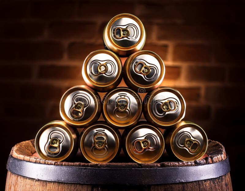 Beer Cans Stacked into a Pyramid Shape on a Vintage Barrel in a Dimly ...