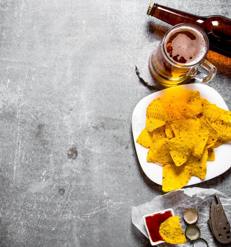 Beer Chips Ketchup Old Stone Background Stock Photos - Free & Royalty ...