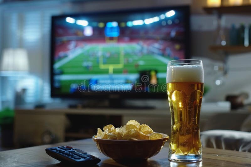 Beer, Chips, and Remote with Football Match on TV Stock Photo - Image ...