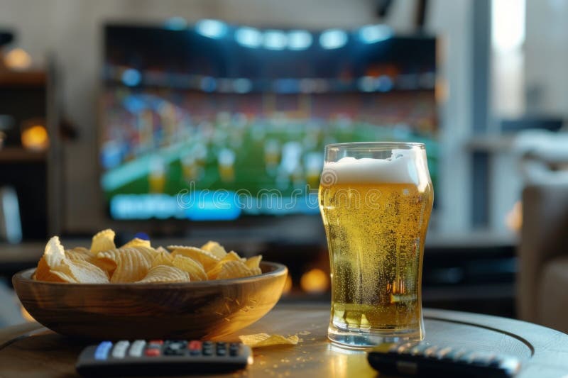 Beer, Chips, and Remote with Football Match on TV Stock Image - Image ...