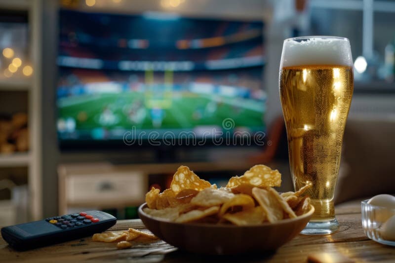 Beer, Chips, and Remote with Football Match on TV Stock Image - Image ...