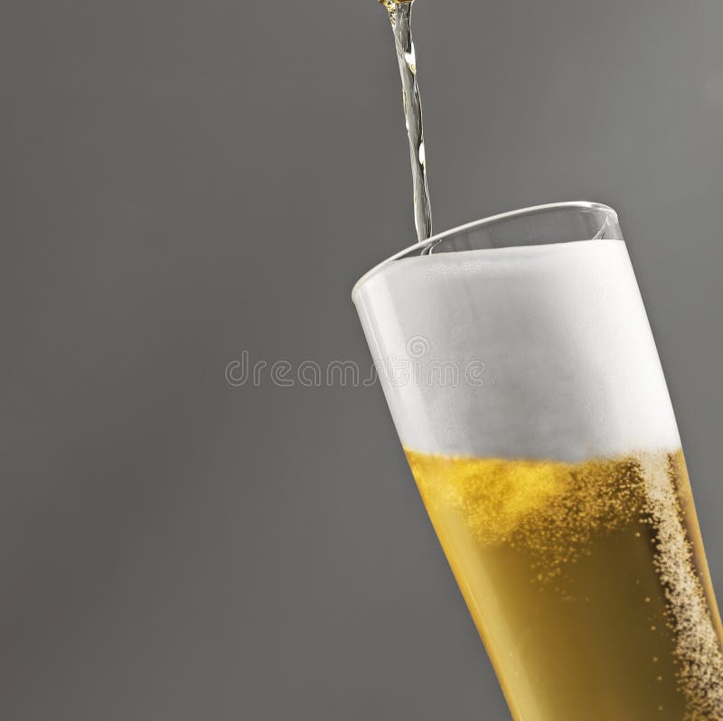 Beer Falling into Glass with Gray Background. Stock Image - Image of ...