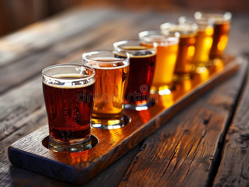 Beer Flight Sampler on a Bar Counter Featuring Various Types of Beer in ...
