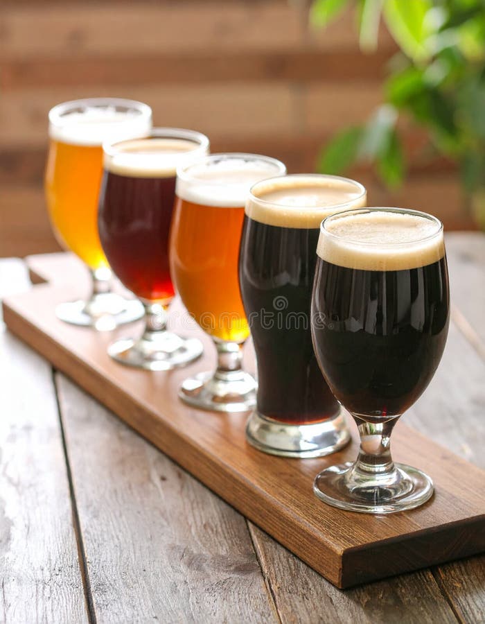 Beer Testing- Dark, Amber, and Light Beers on Wooden Board Stock ...