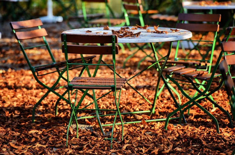 Beer garden in fall stock image. Image of chair, brown - 27645771