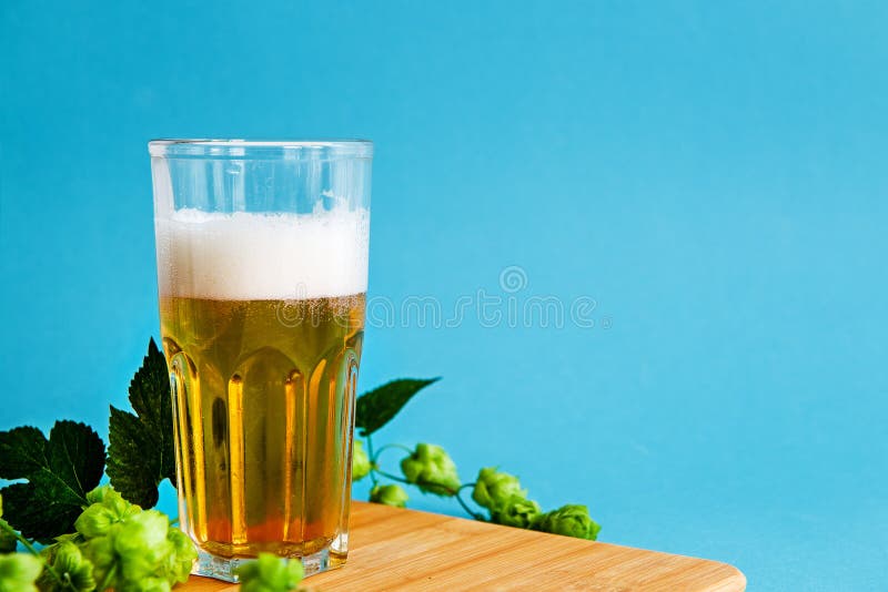 Beer in a Glass on a Blue Background. Stock Photo - Image of full, cold ...