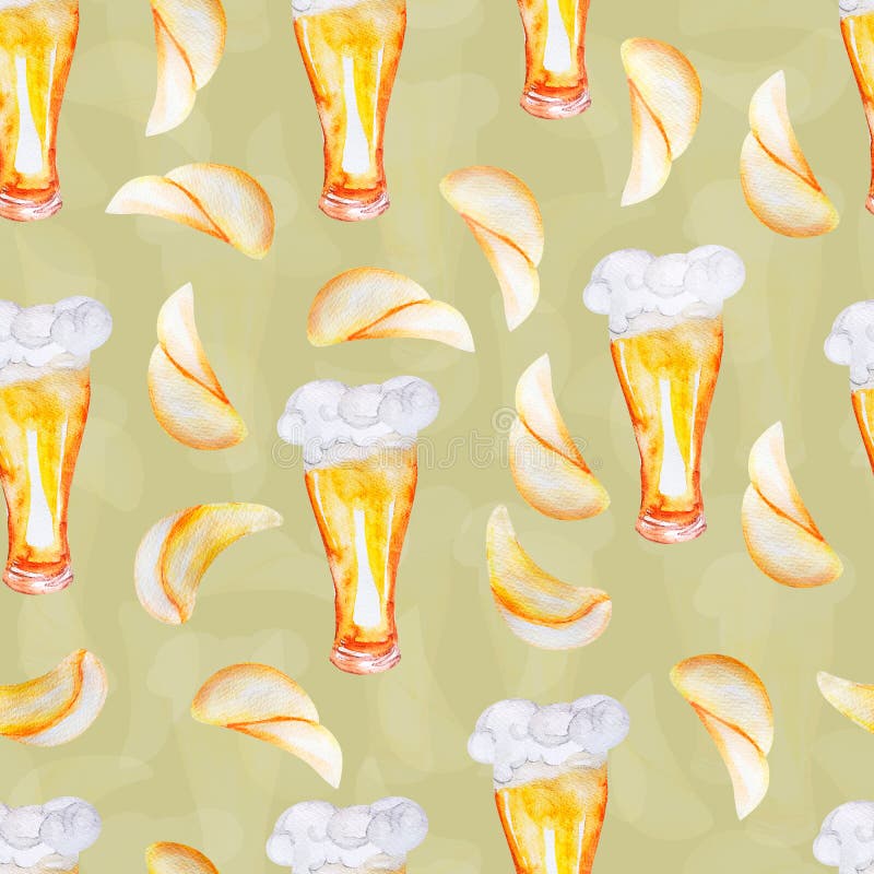 Beer Glass, Chips Watercolor Seamless Pattern Stock Illustration ...