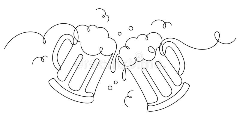 Beer Glass Clinking in One Line Drawing Funny and Happy Hour Party ...