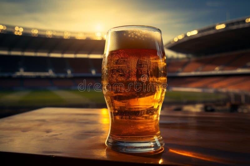 A Beer Glass and Field are on a Table in Front of a Stadium Stock Image ...