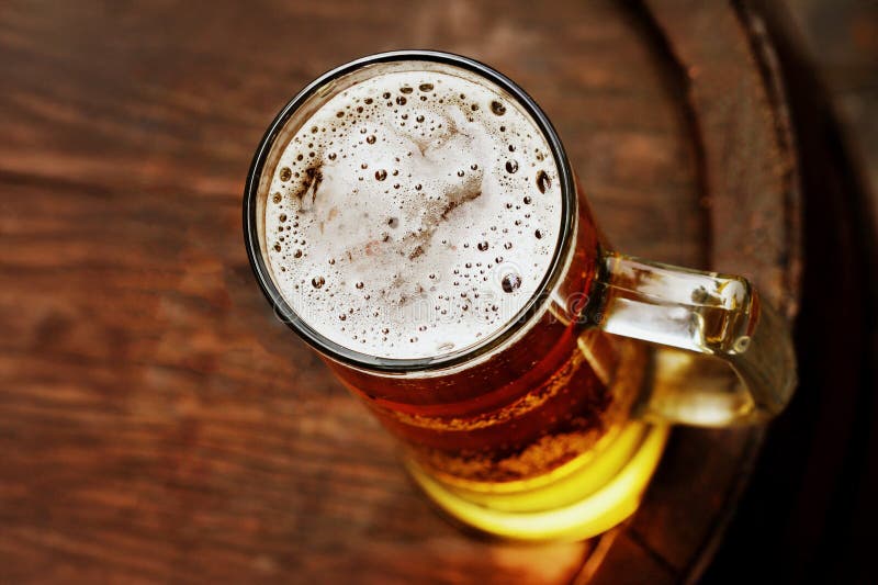 Beer Glass on Old Wooden Barrel Stock Image - Image of brown ...