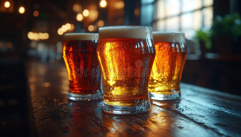 Beer Glass on Table in Pub, Night Celebration Generated by AI Stock ...