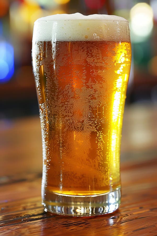 Beer Glass on Wooden Bar Table with Blurred Backdrop, Offering Ample ...