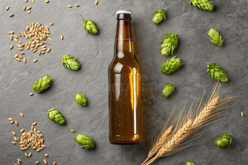 Beer, Green Hops and Malt on Stone Surface. Top View Stock Image ...