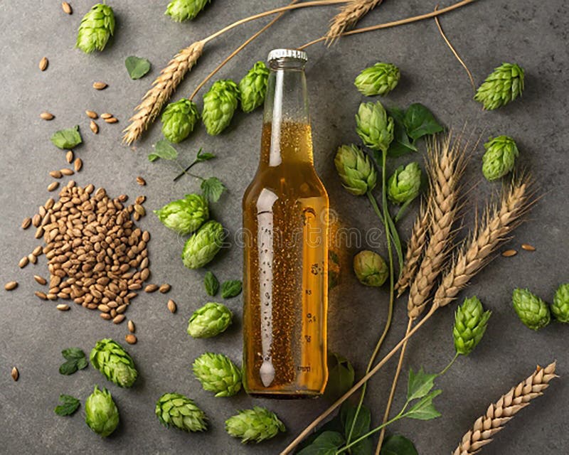 Beer, Green Hops and Malt on Stone Surface. Top View Stock Illustration ...
