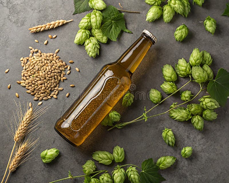 Beer, Green Hops and Malt on Stone Surface. Top View Stock Illustration ...