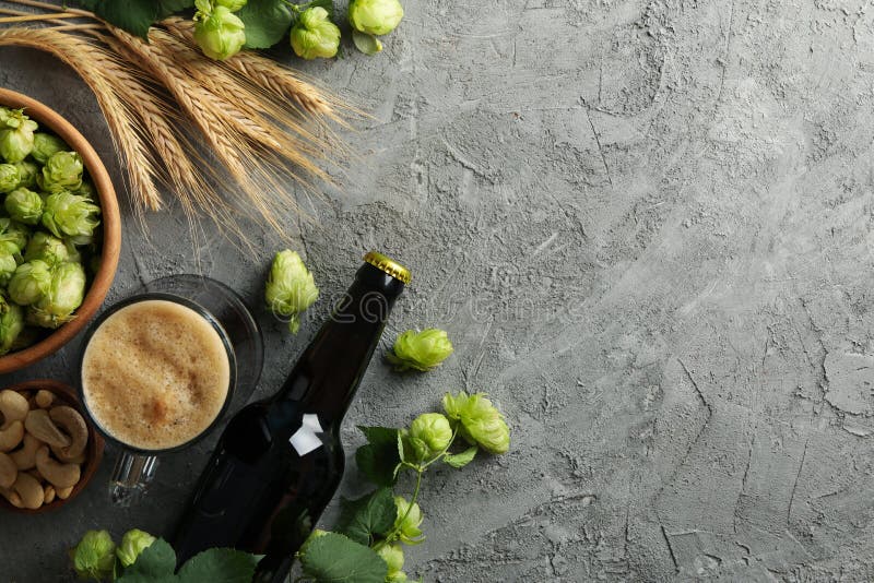 Beer, Hop and Wheat on Gray Background Stock Photo - Image of gray ...