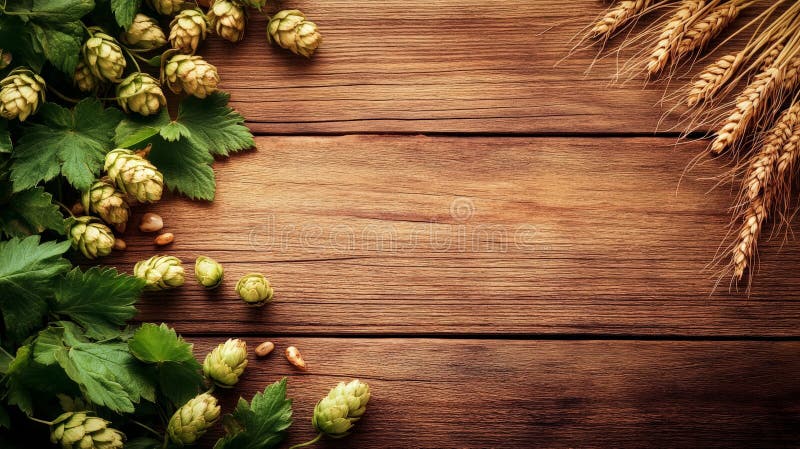 Beer Hops and Wheat on Rustic Wooden Background with Leaves and Grain ...