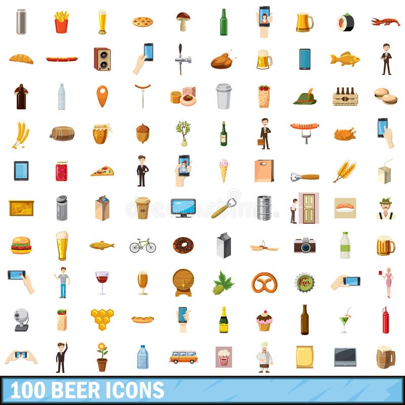 100 Beer Icons Set, Cartoon Style Stock Vector - Illustration of ...