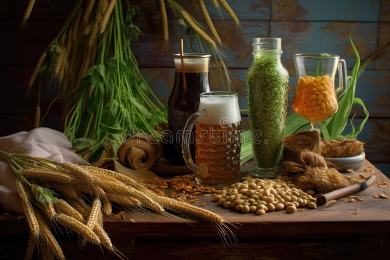 Beer Ingredients: Barley, Hops, and Water on Table Stock Illustration ...