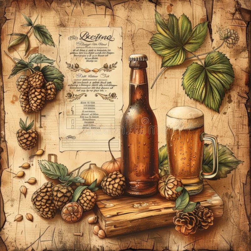 Beer Ingredients Label, Illustrations, Rustic Stock Illustration ...
