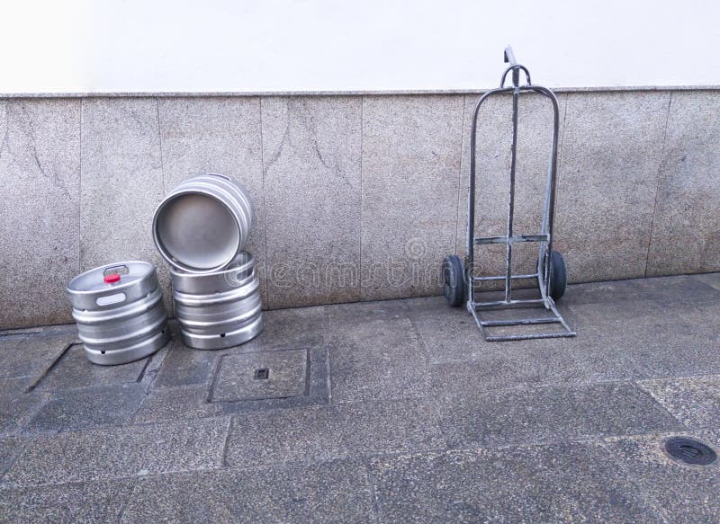 Beer Kegs and Trolley at Downtown Street Stock Image - Image of ...