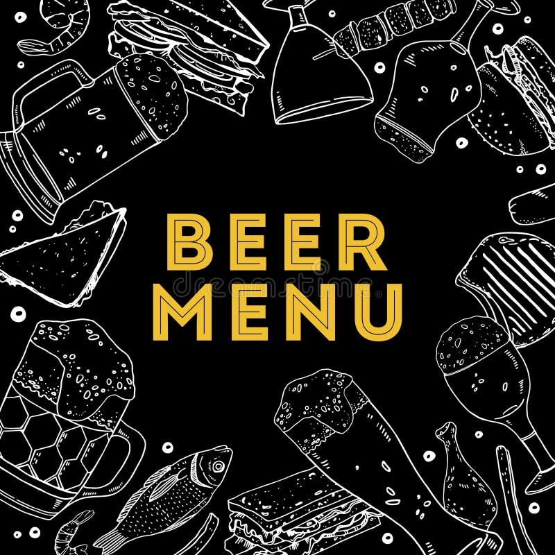 Beer Menu Print Template. Drink Glasses and Food. Hand Drawn Vector ...