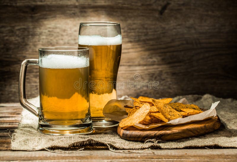 Beer in a Mug, Glass , Chips on Board Stock Image - Image of generic ...
