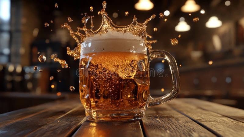 Beer Mug Splashing on Wooden Table in Bar Setting Stock Photo - Image ...
