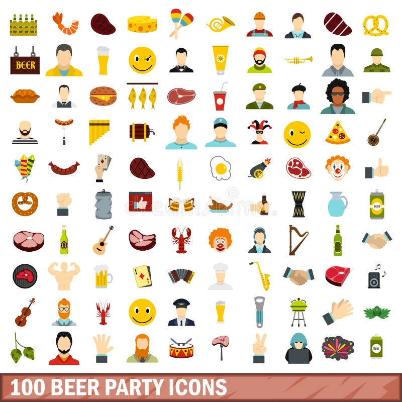 100 Beer Party Icons Set, Flat Style Stock Vector - Illustration of ...