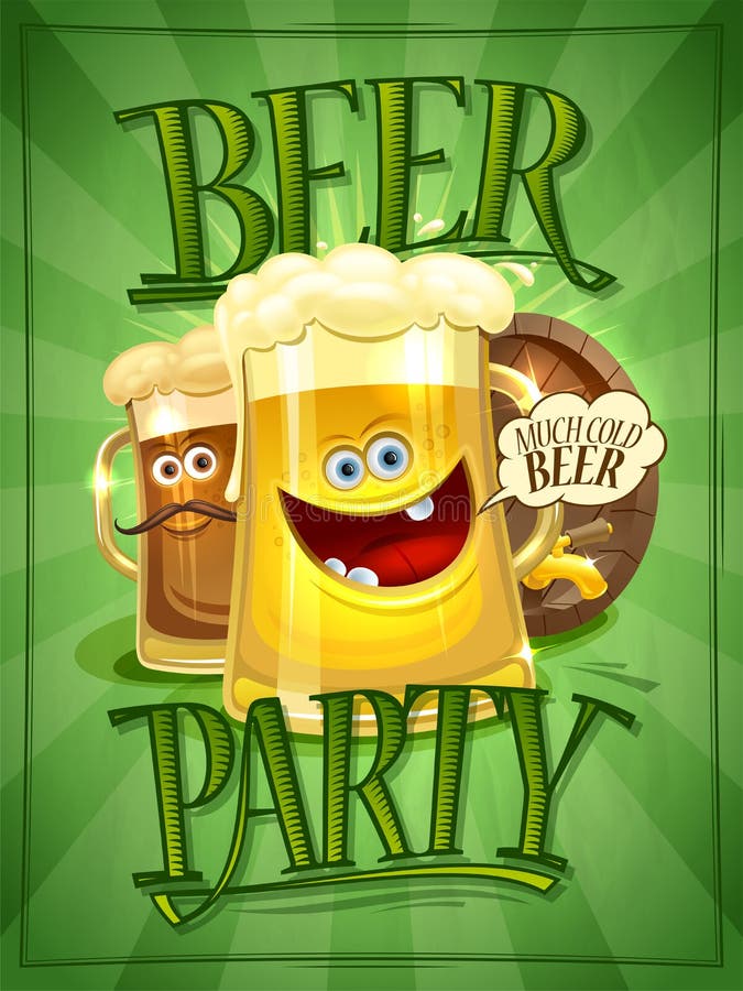 Beer Party Poster Design Concept with Cartoon Beer Mugs Stock Vector ...