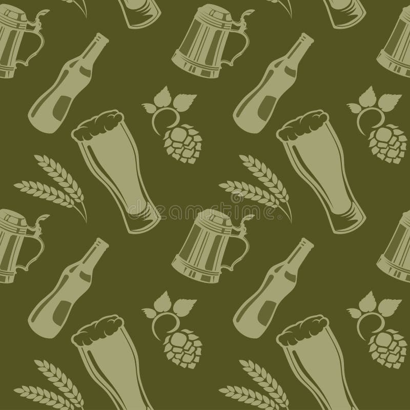 Beer Pattern with Beer Bottle, Glass, Wheat and Hops. Stock Vector ...