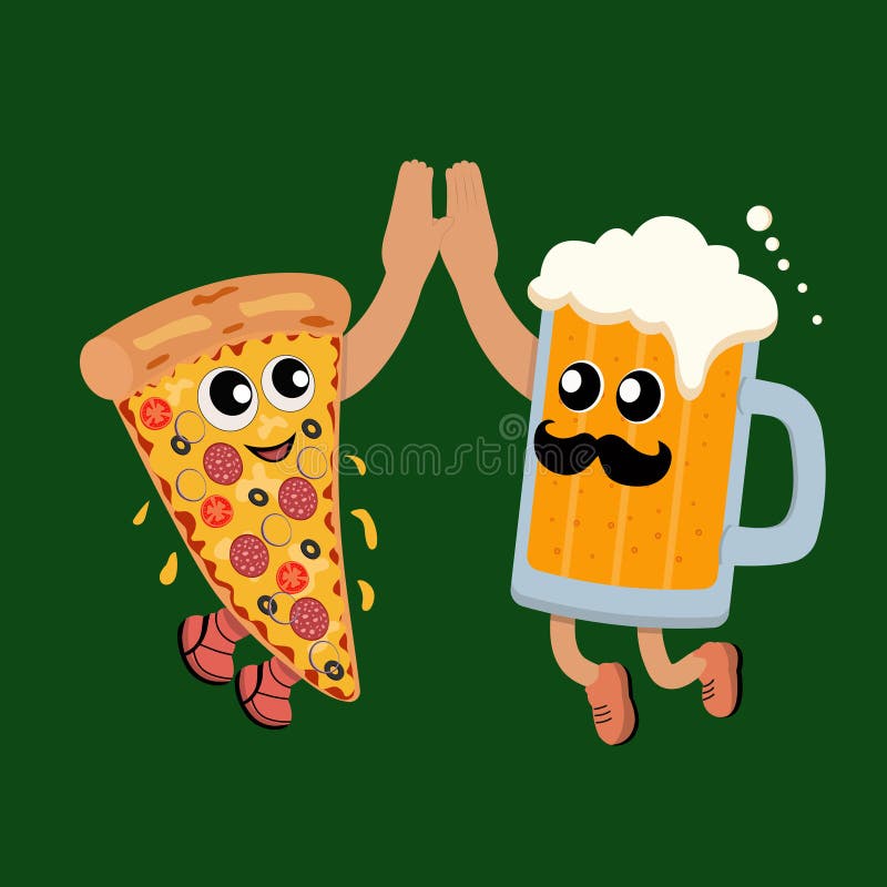 Beer and Pizza in Cartoon Style. Stock Vector - Illustration of print ...